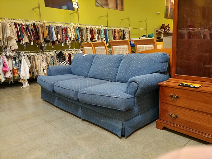 This blue sofa has seen things. Now it waits patiently for its second act, perhaps in a college apartment or a cozy reading nook.