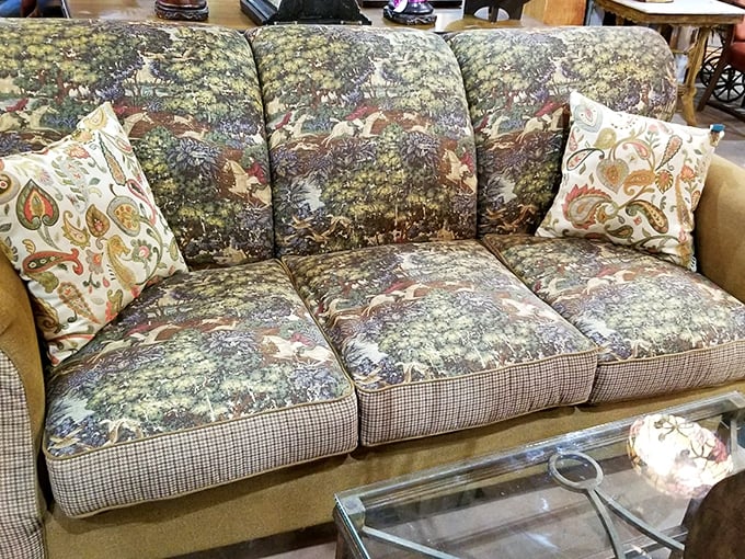 That sofa has seen things &ndash; specifically the 1980s &ndash; but with those throw pillows, it's ready for its comeback tour.