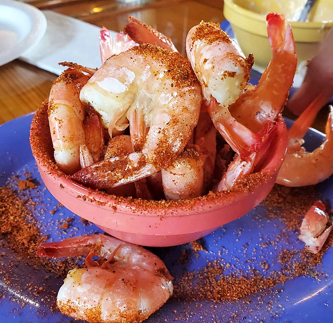 These spice-dusted shrimp aren't just seafood&mdash;they're little pink soldiers of flavor, reporting for delicious duty in their rosy bowl.