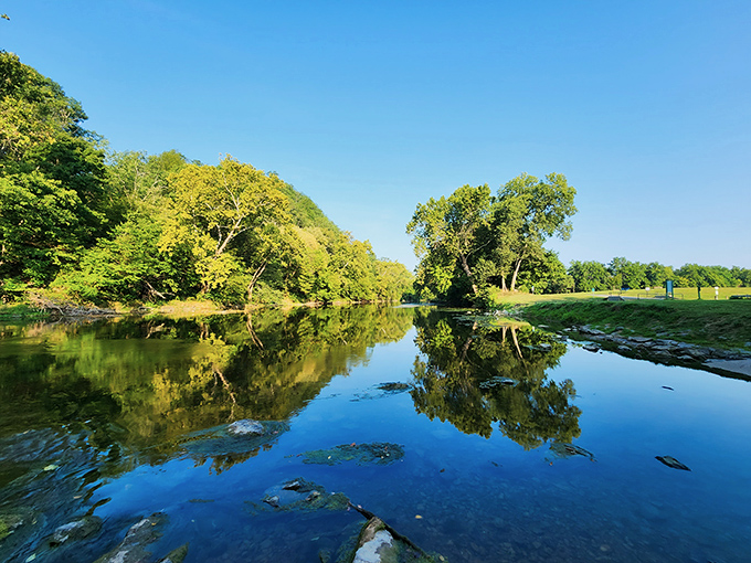 Mirror-like waters of the Shenandoah create nature's perfect reflection pool, doubling the beauty of Virginia's legendary landscape.