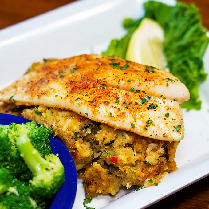 Perfectly grilled fish atop a bed of savory stuffing&mdash;proof that seafood in Ohio isn't just possible, it's extraordinary.