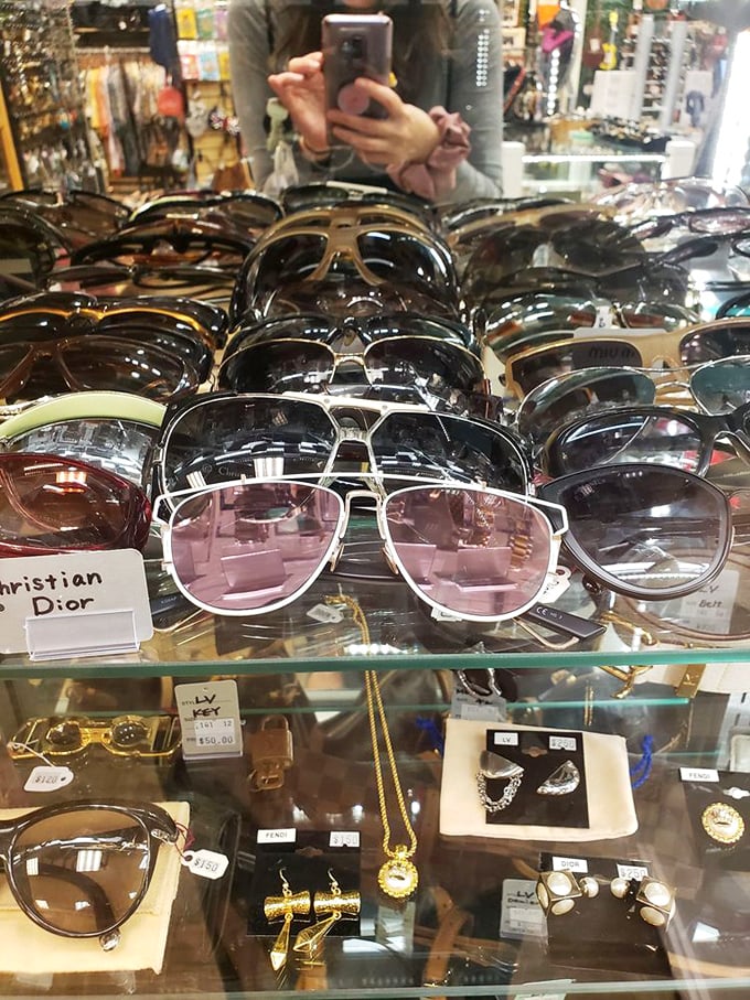 Sunglasses that have seen better days? Not here. Designer shades gleam under display lights, ready for their second act on your sun-kissed face.