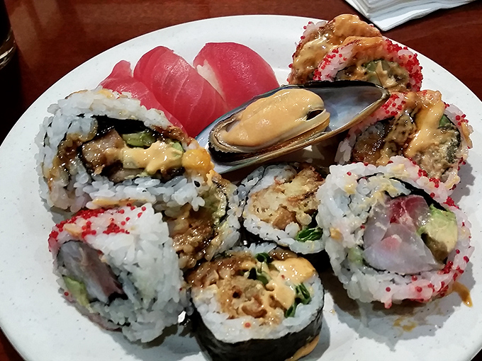 Pristine sushi and sashimi that rivals any downtown establishment, artfully arranged like edible jewelry under the lights.