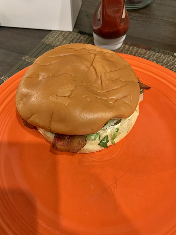 This isn't just a burger; it's Alaska's answer to comfort food royalty. The Swiss Bacon Burger sits proudly on its orange throne, awaiting your first magnificent bite.