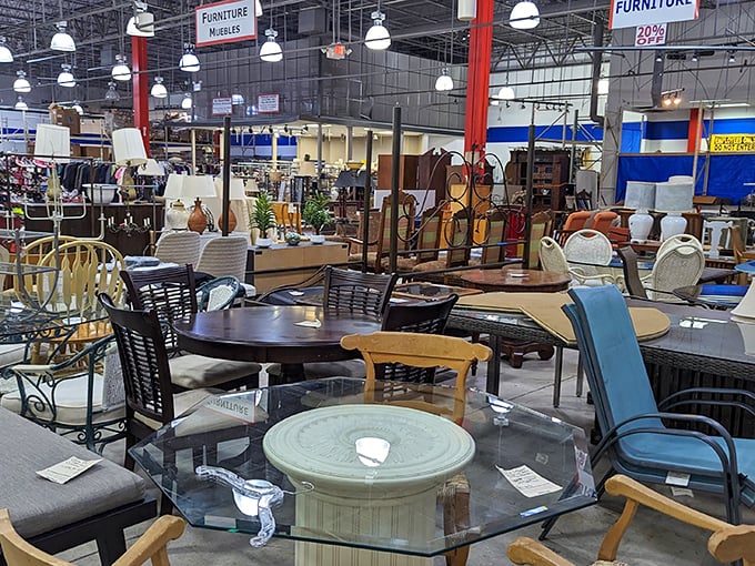 Dining sets and accent tables create a wooden maze of possibilities. That glass-topped number could be your next conversation piece.