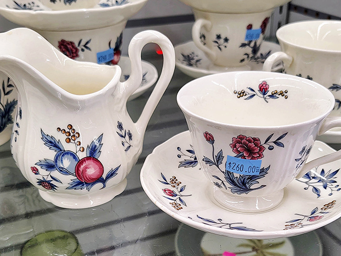 Delicate porcelain teacups and saucers with floral patterns that would make your grandmother swoon—all at prices that won't make you faint.