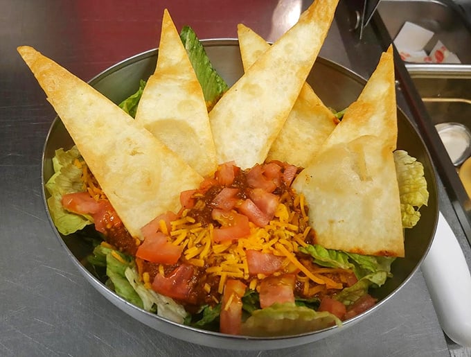 A taco salad that solves the eternal dilemma: "I should eat a salad, but I want something fun." Those crispy tortilla points are nature's perfect utensils.