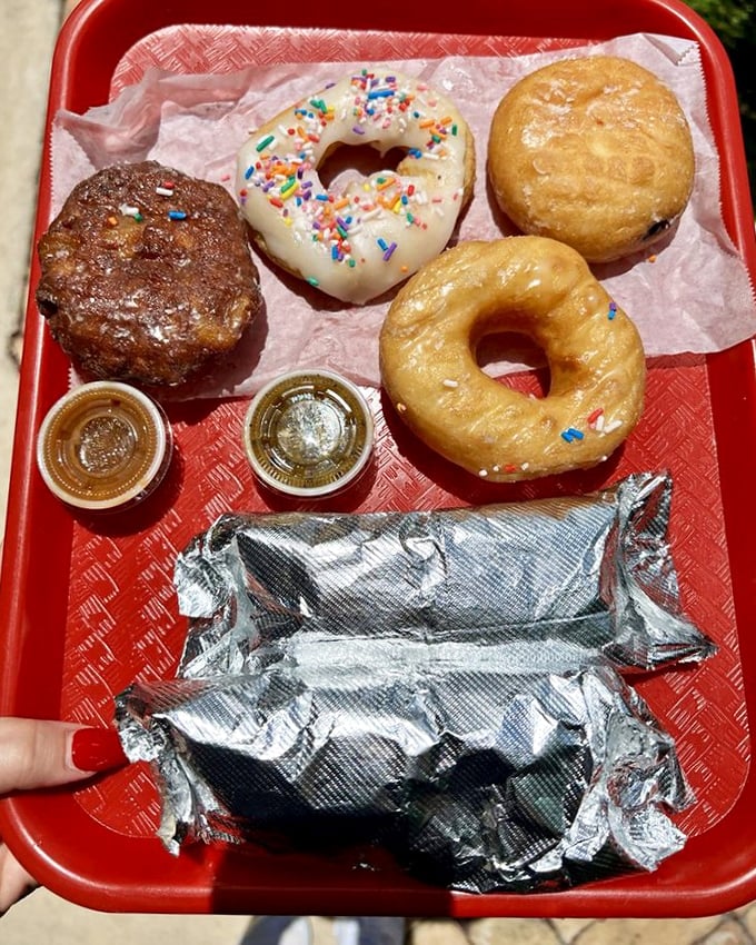The breakfast tray of champions &ndash; donuts for your sweet tooth, tacos for your soul, and salsas to wake up your taste buds.