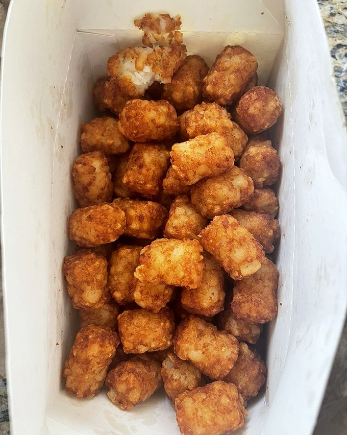 Tater tots achieving their full potential&mdash;crispy outside, fluffy inside, seasoned like they deserve respect, not just an afterthought status.