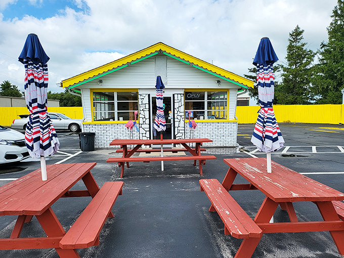 The Oasis lives up to its name with those cheerful picnic tables. Nothing says "affordable retirement" like ice cream that doesn't require a small loan to enjoy.