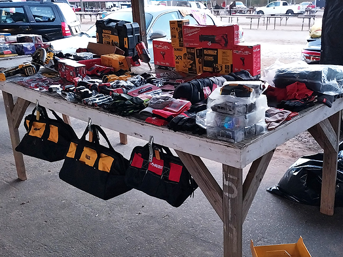 Tool paradise for the DIY devotee. Brand-new power equipment shares table space with accessories, proving that some people's retail therapy involves drill bits rather than designer labels.