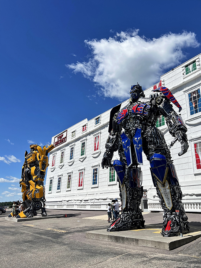Giant robot sculptures guard the entrance like mechanical sentinels, proving Wisconsin's commitment to being delightfully weirder than you expected.