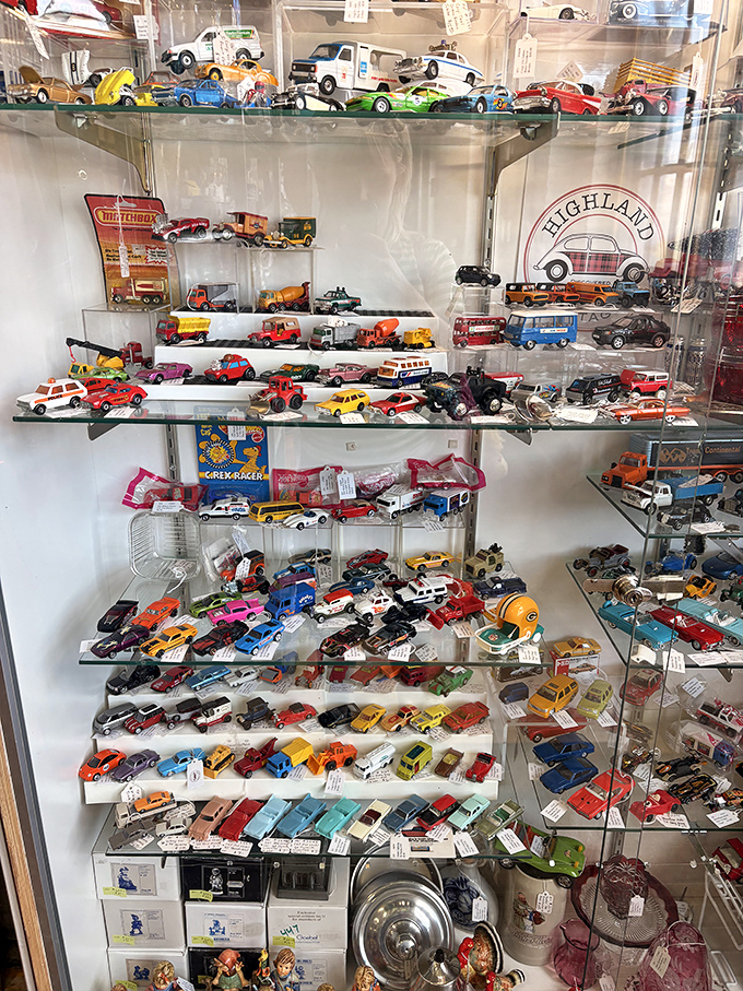 Matchbox memories line these shelves, where childhood dreams are parked bumper-to-bumper, waiting for collectors to take them for a spin.