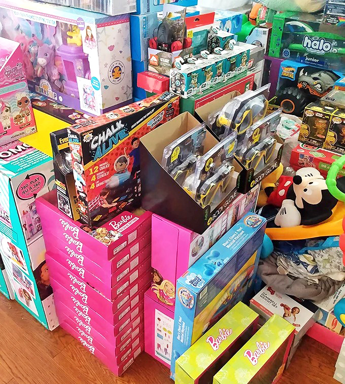 Toy paradise where Barbie meets Baby Yoda in a colorful plastic wonderland. Childhood nostalgia available by the boxful, batteries not included.