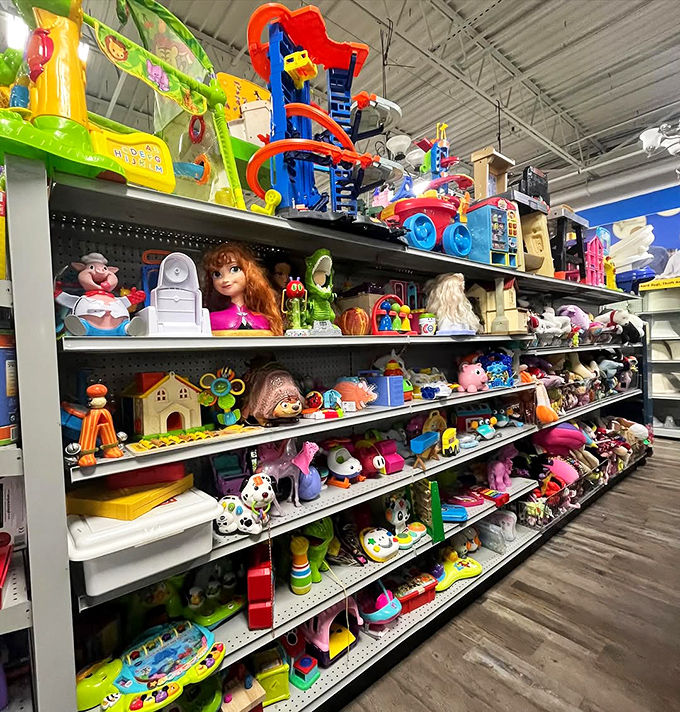The toy section: where nostalgia meets practicality. Somewhere in these shelves is the exact toy your grandchild mentioned last week.