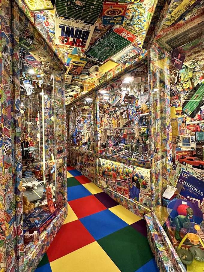 This toy-covered corridor is like walking through your childhood Christmas lists if every single wish had been granted. Nostalgia overload in the best possible way.