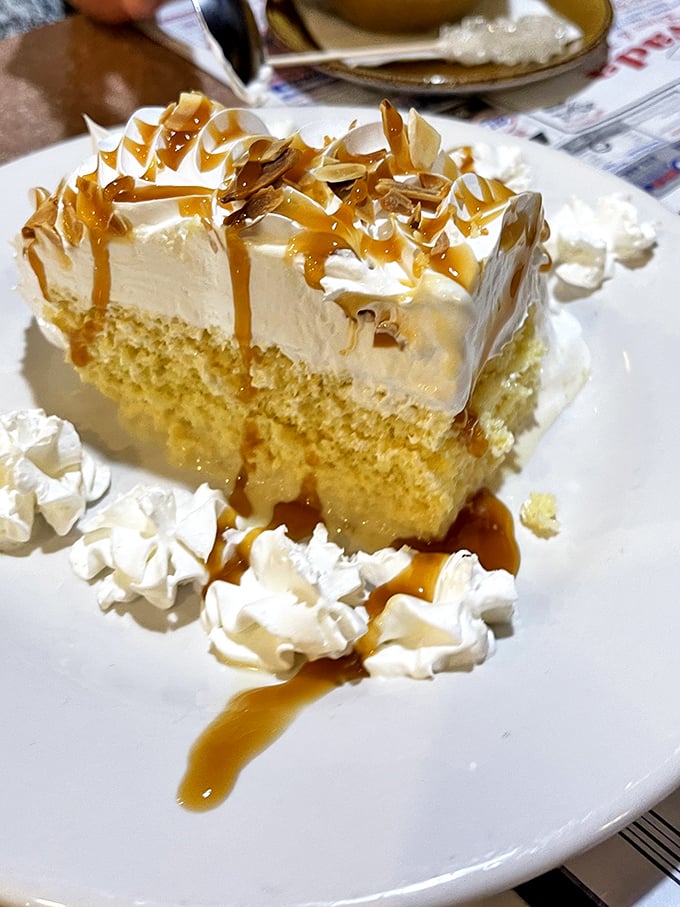 Tres leches cake that's dressed for a celebration. That caramel drizzle is performing a sweet ballet across clouds of whipped cream.