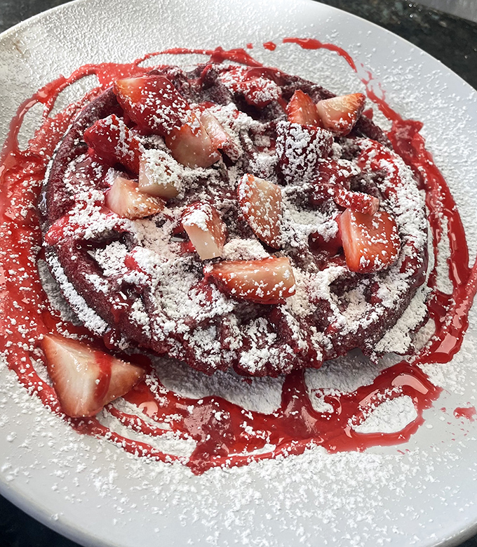This red velvet waffle with fresh strawberries isn't scary at all&mdash;unless you count how frighteningly delicious it looks.