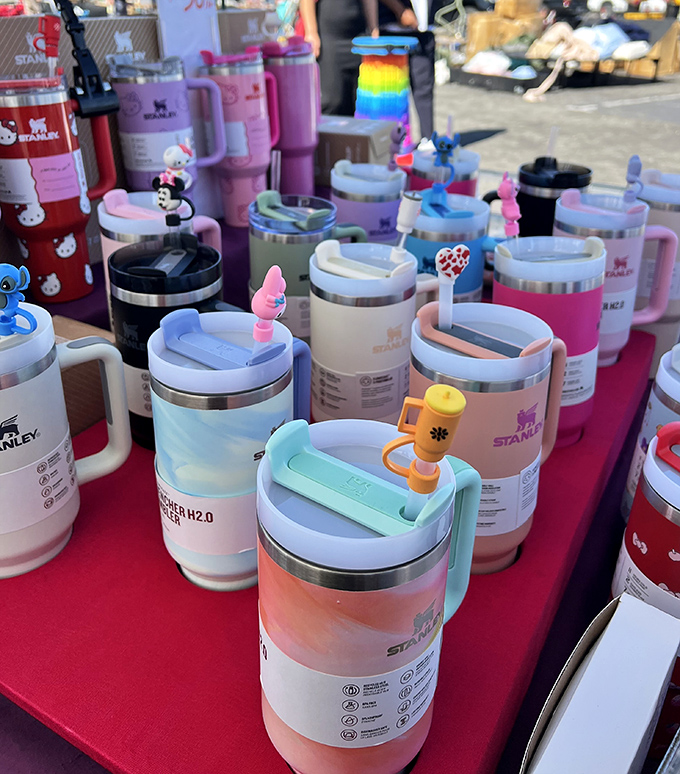 Stanley cup fever! These colorful tumblers with whimsical toppers prove that staying hydrated has become both a lifestyle statement and collectible art form.