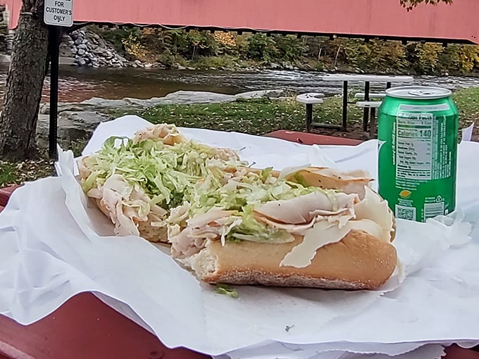 Picnic perfection &ndash; a classic hoagie enjoyed creekside proves that sometimes the best dining room has no walls at all.
