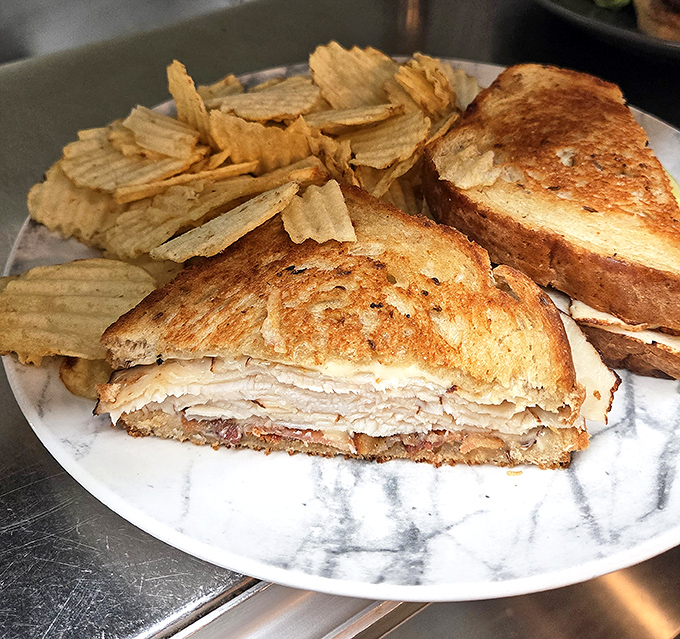 This sandwich isn't just lunch; it's an engineering marvel of turkey, cheese, and toasty bread. The potato chips add the perfect crunch soundtrack.