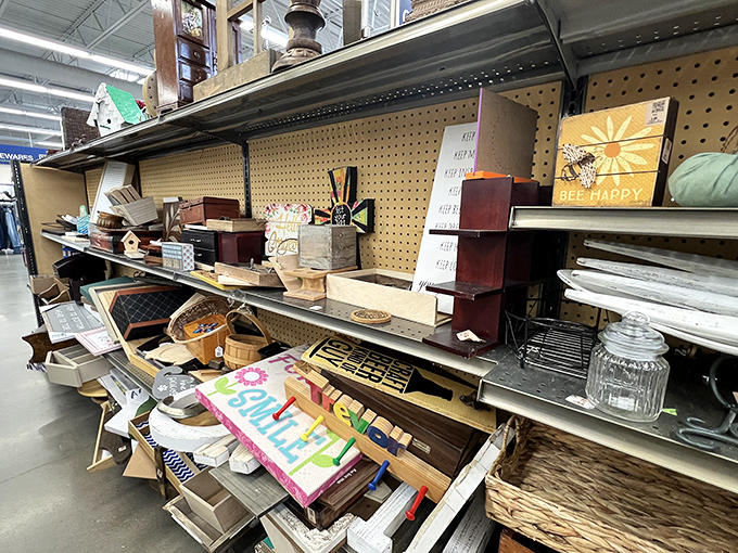 Shelves brimming with domestic possibilities &ndash; from "Be Happy" signs to wooden treasures that just need a little love.