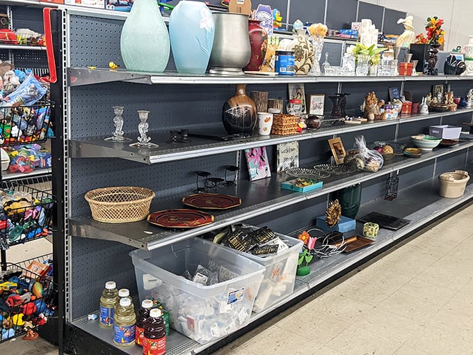 Vases in soothing blues and neutrals stand sentinel over an eclectic collection of home decor treasures that whisper, "Take me home!"