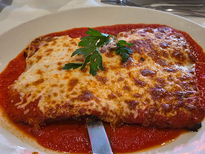 Veal Parmesan that's practically strutting on the plate, draped in melted cheese and marinara like it knows exactly how good it looks.