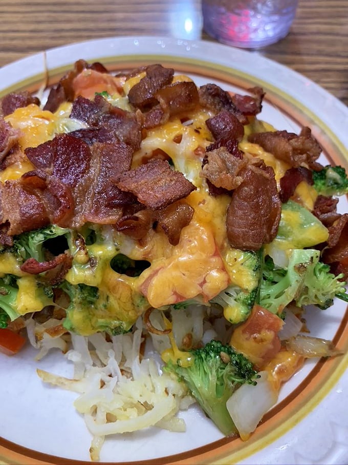 Veggie hashbrowns that prove vegetables can party too—broccoli, cheese and bacon creating a breakfast fiesta that makes "eating your greens" a pleasure, not a chore.
