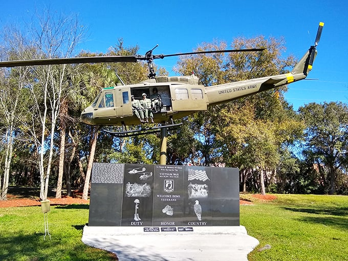 This Vietnam-era Huey helicopter memorial stands as a powerful tribute to service members &ndash; history preserved with dignity rather than gathering dust.