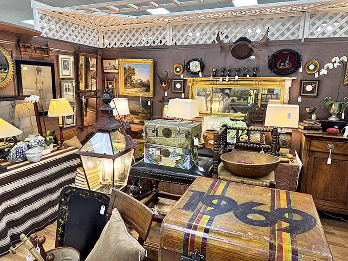 This booth feels like stepping into a well-curated country estate sale. That trunk probably has stories that would fill a novel.