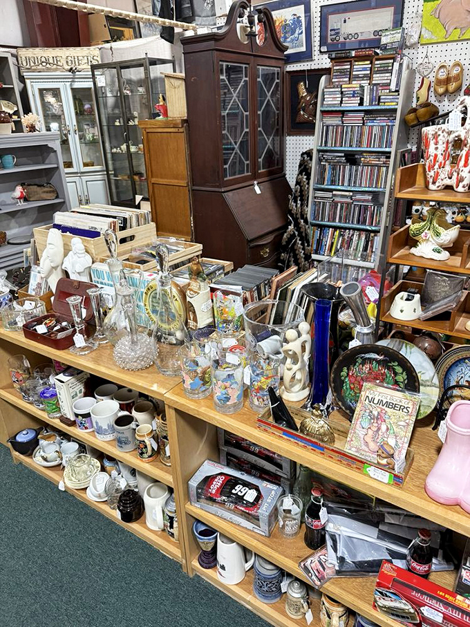 Every shelf tells a different story&mdash;glassware, collectibles, and memorabilia creating a museum where everything's for sale.