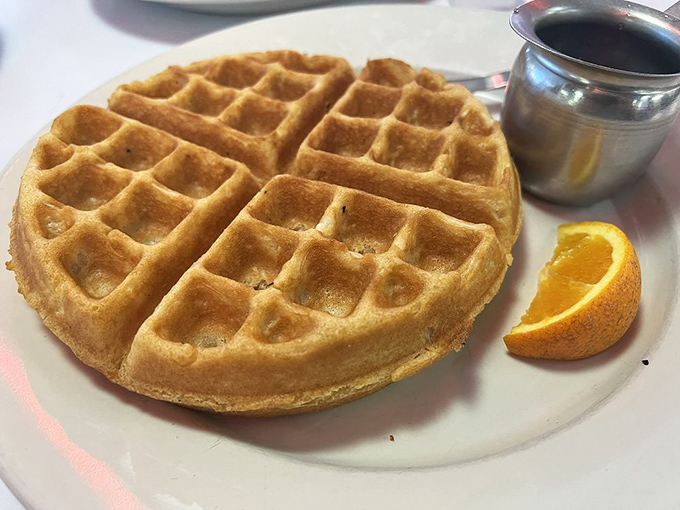 This golden waffle with its perfect grid of syrup-catching squares is basically an edible spreadsheet for organizing your breakfast happiness.
