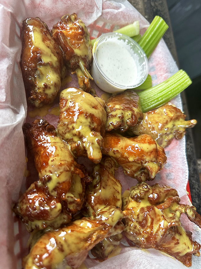 These wings aren't just glazed &ndash; they're lacquered with flavor. The celery sticks are merely suggested vegetables to ease your conscience.