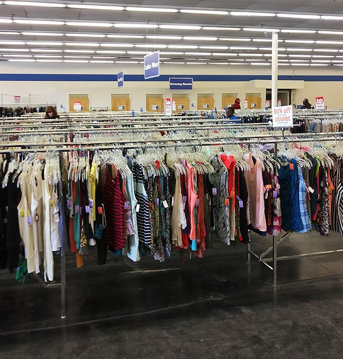 The clothing forest stretches to the horizon, each rack a different expedition into the land of "I can't believe someone gave this away!"