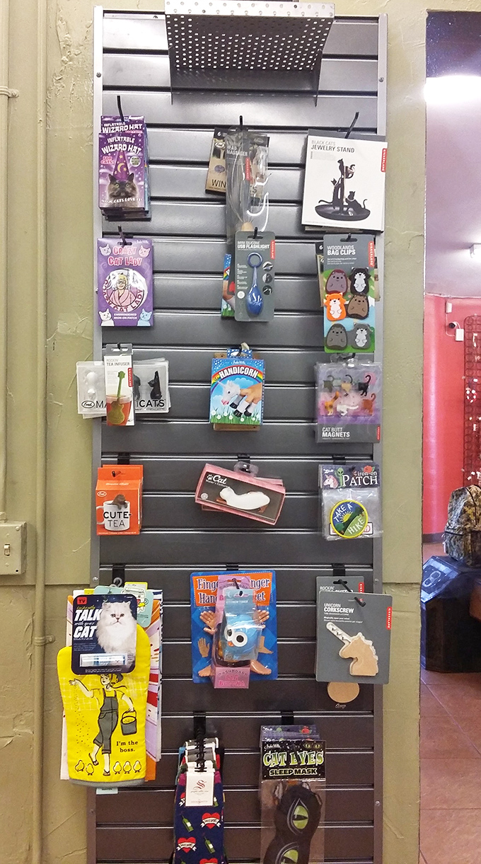The accessories wall &ndash; where quirky cat-themed items and unicorn bottle openers become impulse buys you'll actually use.