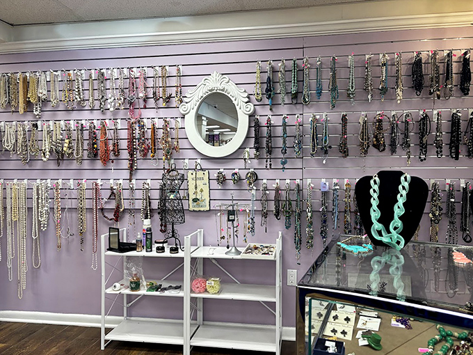 The jewelry wall transforms costume accessories into treasure&mdash;proving that with the right display, even plastic can look positively regal.