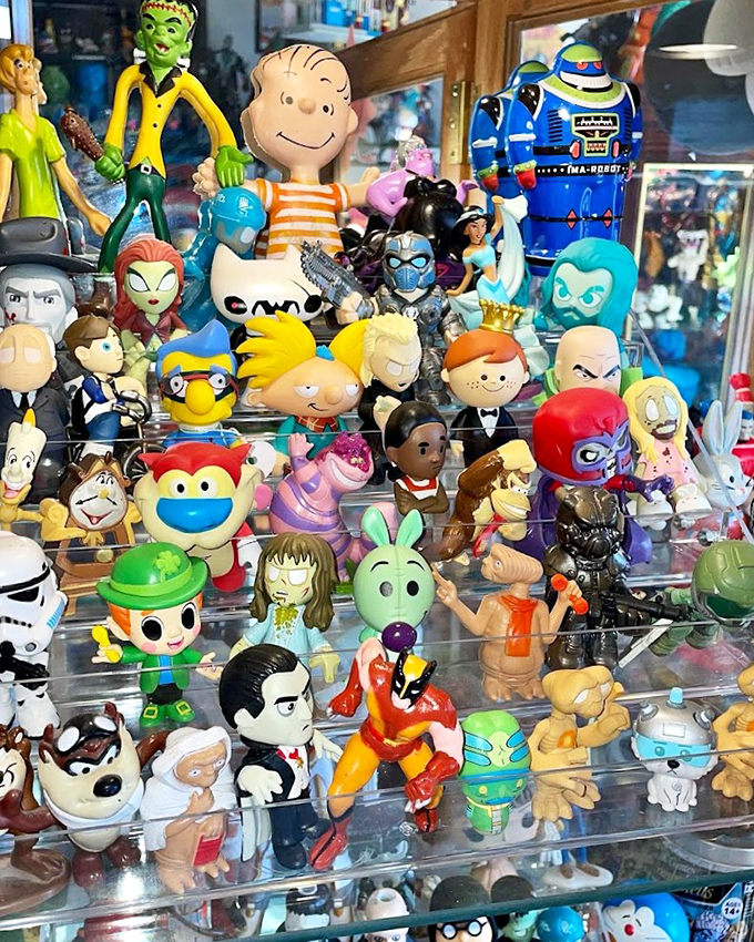 A plastic pantheon of pop culture icons stands at attention. From cartoon characters to superheroes, childhood memories are sold by the shelf.