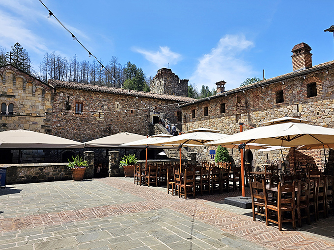 The courtyard dining area offers a medieval feast setting without the worry of plague or invading hordes.