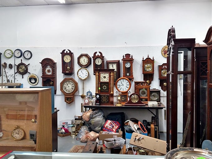 Time literally stands still in the clock corner, where pendulums that marked moments from another century wait to tick again.