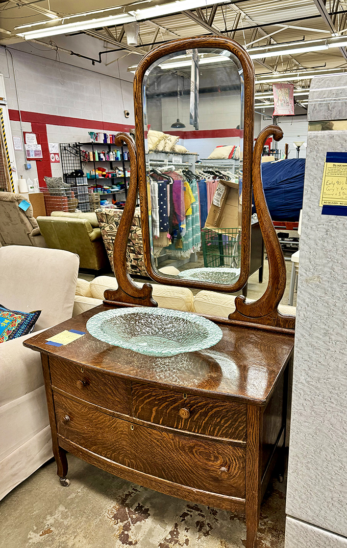 This isn't just an antique oak dresser&mdash;it's a time machine with drawers, complete with mirror that's reflected a century of morning routines.
