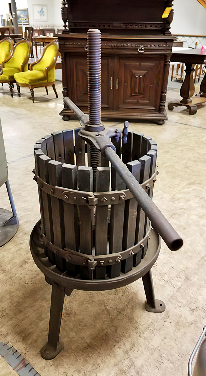 This antique wine press isn't just functional history&mdash;it's the ultimate conversation piece for your rustic dining room.