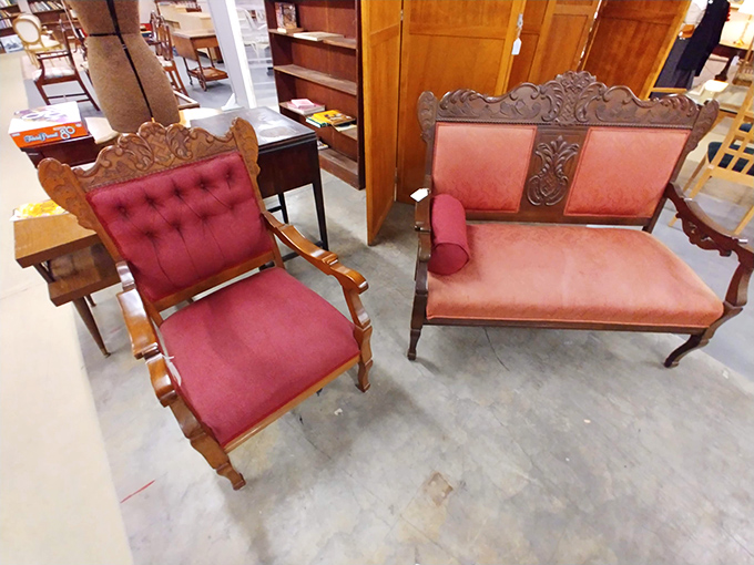These aren't just seats&mdash;they're thrones from another era. That crimson upholstery has hosted conversations we can only imagine.