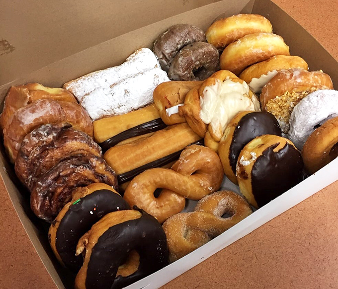 The donut box – nature's most perfect container. This assortment represents both opportunity and the inevitable question: "Which one first?"