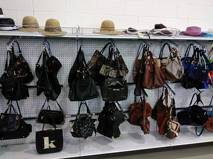 The handbag wall—where designer dreams meet bargain reality. That leather tote might have cost someone a car payment once upon a time.