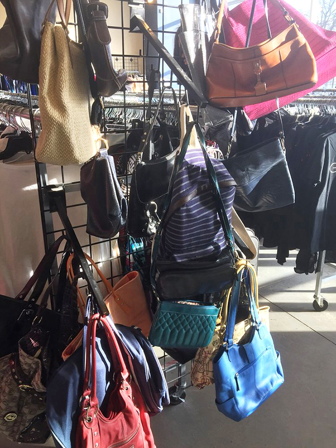 The handbag corner&mdash;where designer dreams meet bargain reality. That blue tote might have once carried someone's screenplay or just their lunch.