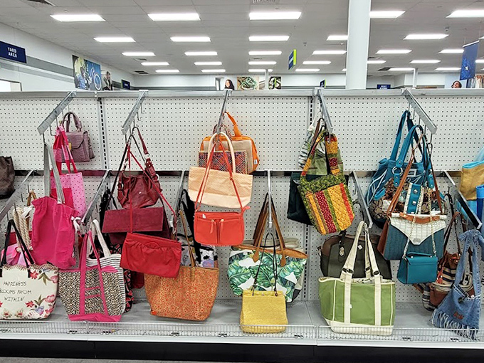 Handbag paradise where designer dreams meet practical budgets. That orange tote is practically begging to carry your farmers market haul.