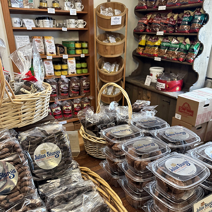 A treasure trove of pretzel varieties that would make a carb-counter weep with joy. This display case is basically carbohydrate heaven with a side of nostalgia.