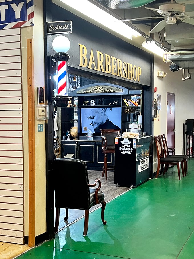 A classic barbershop setup right inside the market &ndash; because even treasure hunters need to look sharp while shopping.