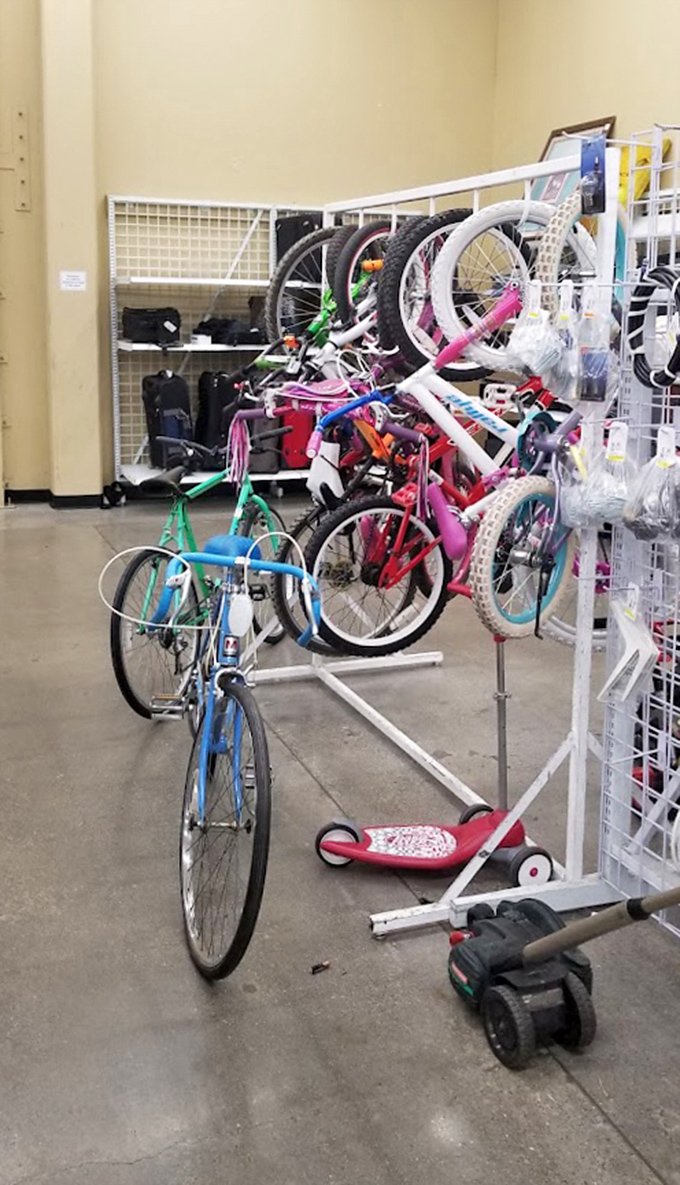 A bicycle bonanza where two-wheelers of all sizes wait patiently. That pink princess bike might become someone's first taste of freedom.
